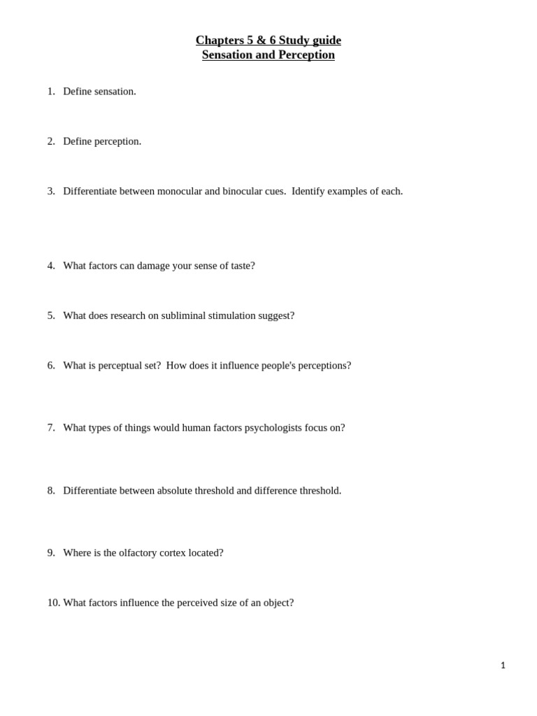 Sensation and Perception Study Guide | PDF | Perception | Senses