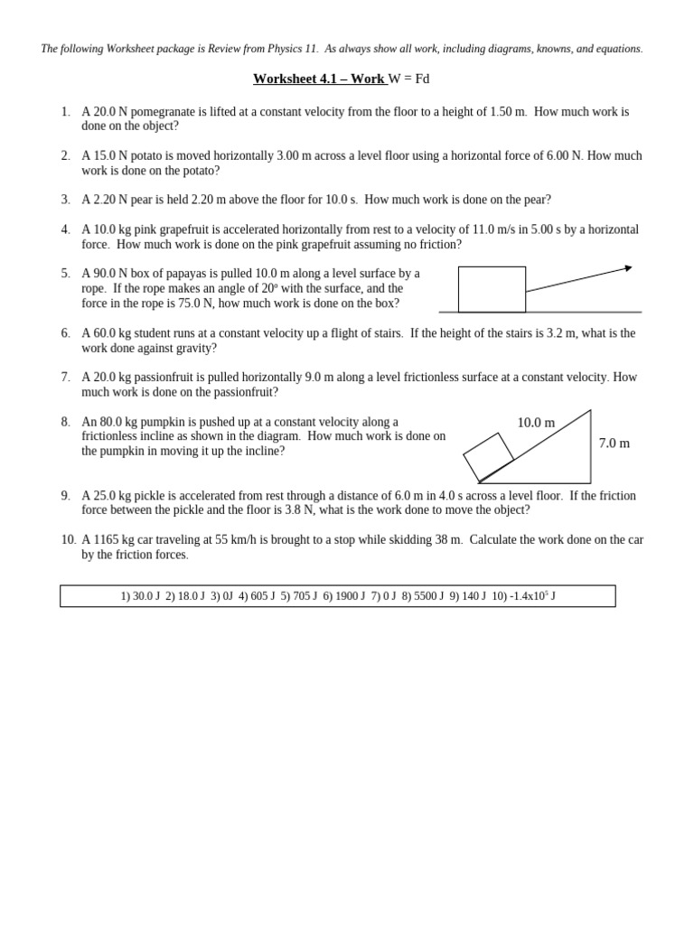 Work and Energy Worksheet Answers | PDF | Force | Kinetic Energy