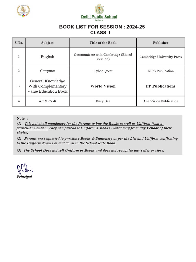 DPS Indore Book List 2024-25 | PDF | Textbook