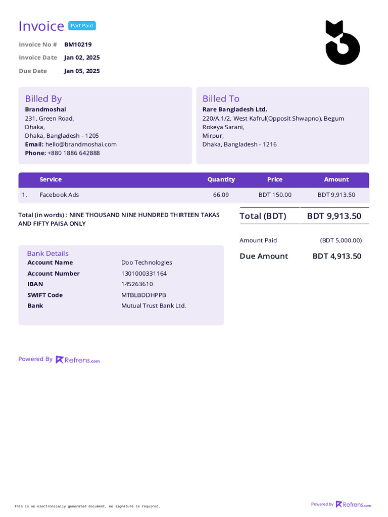 Invoice Bm10219 Brandmoshai Rare Bangladesh LTD | PDF