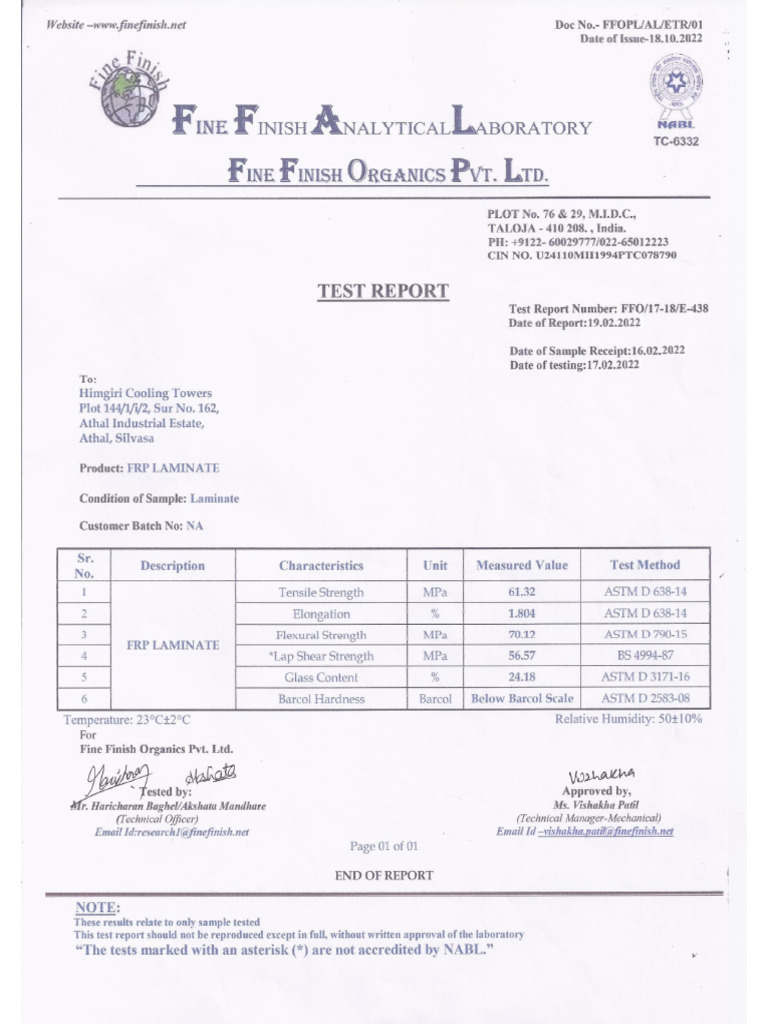 FRP Laminate - Test Report-2022 | PDF