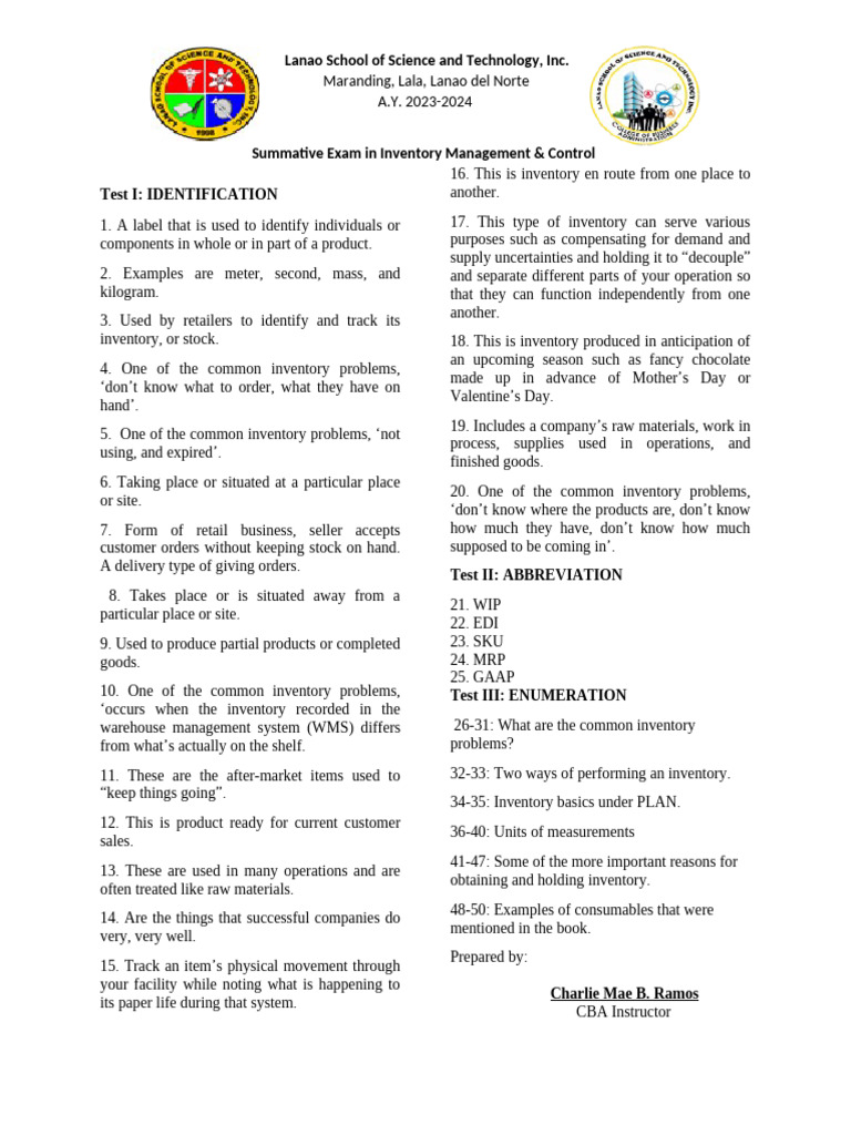 2nd sem INVENTORY summative exams | PDF | Inventory | Business Economics