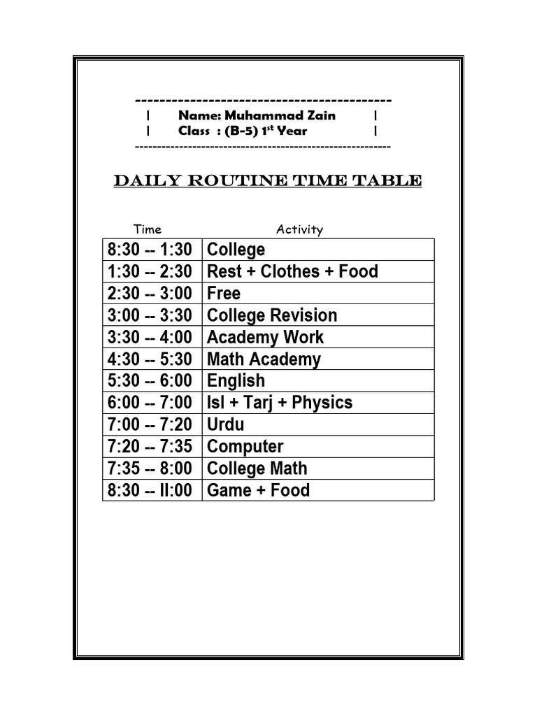 Muhammad Zain's Daily Routine Schedule | PDF