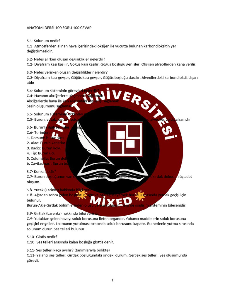 Anatomi-Dersi-100-Soru-100-Cevap | PDF