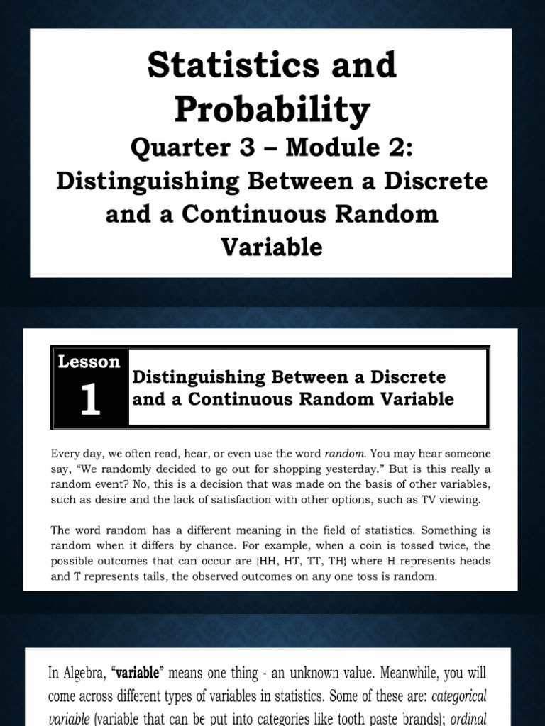 Lesson 1 Illustrating A Random Variable Discrete and Continuous | PDF