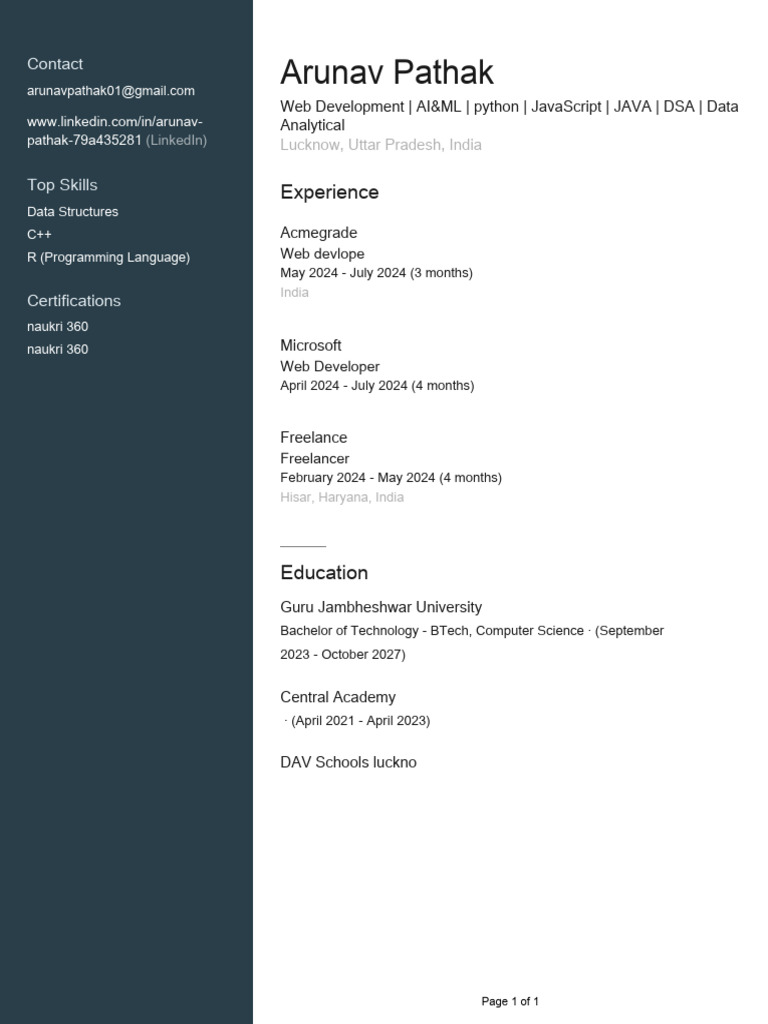 Arunav Pathak: Web Developer Profile | PDF