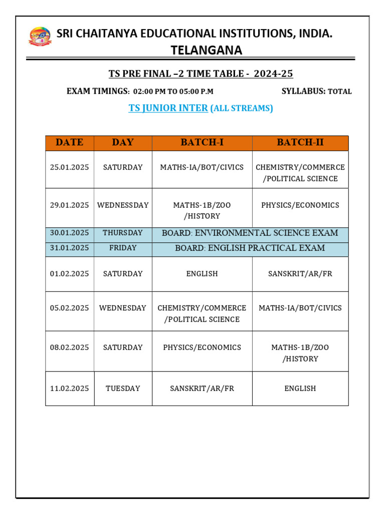 TS JR & SR - Pre Final-2 & 3 - Exam Time Table-2024-25 | PDF