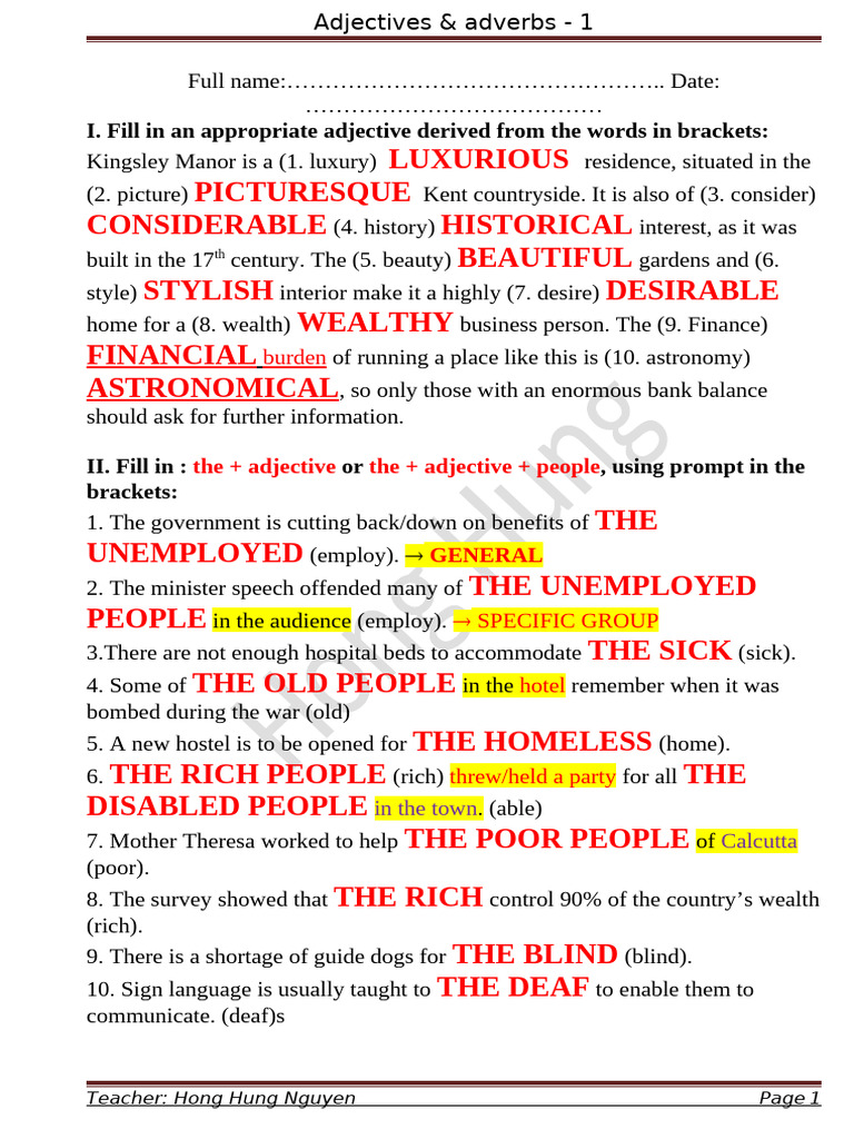 Exercises On Adjectives - Adverbs (ALP) - Key | PDF | Adverb