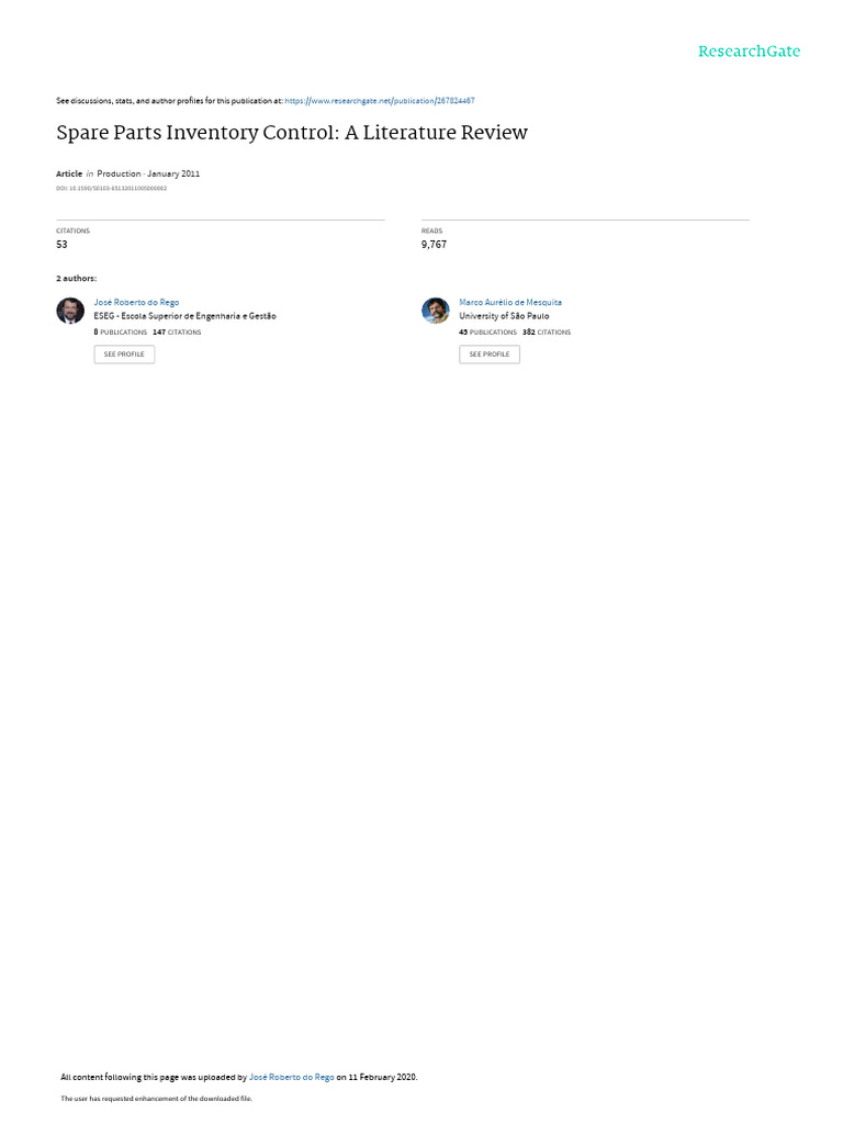 Spare Parts Inventory Control: A Literature Review: Production January ...