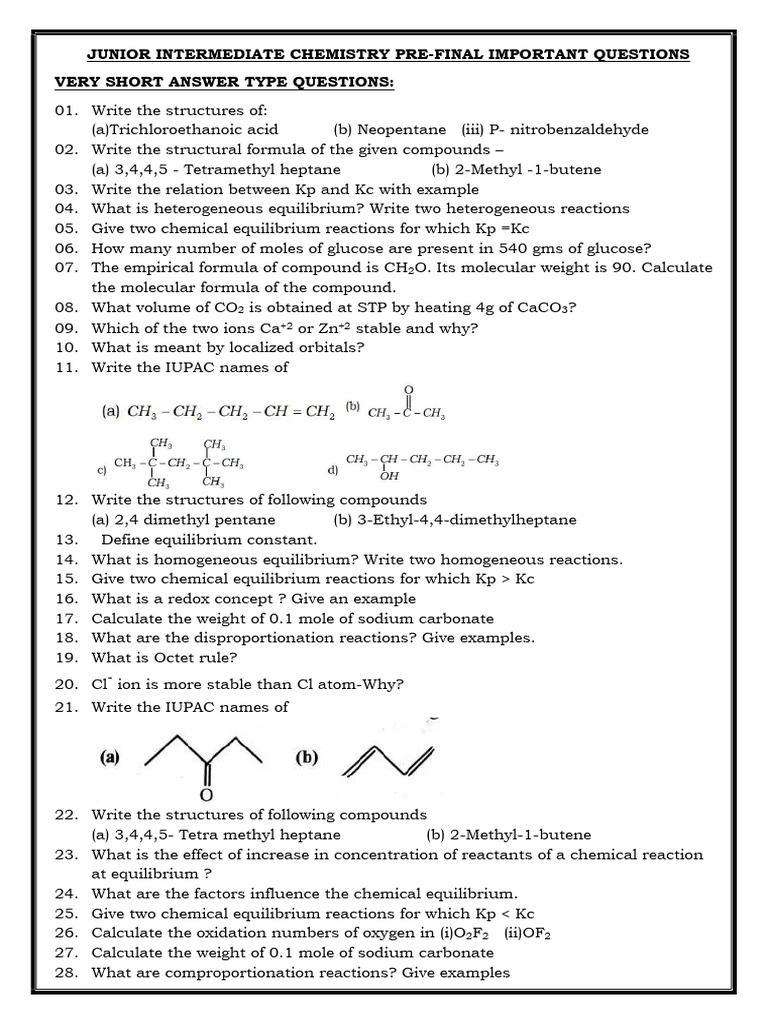 Junior Chemistry-Pre-Final Important Questions | PDF | Chemical Reactions | Chemical Equilibrium