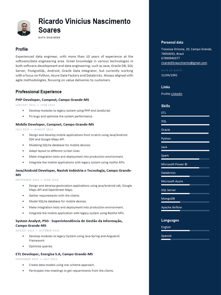 Ricardo Vinícius Nascimento Soares - Data Engineer | PDF | Sql | Java (Programming Language)