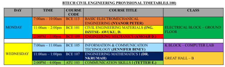 BTECH CIVIL ENGINEERING PROVISIONAL TIMETABLE (L100) (25 | PDF