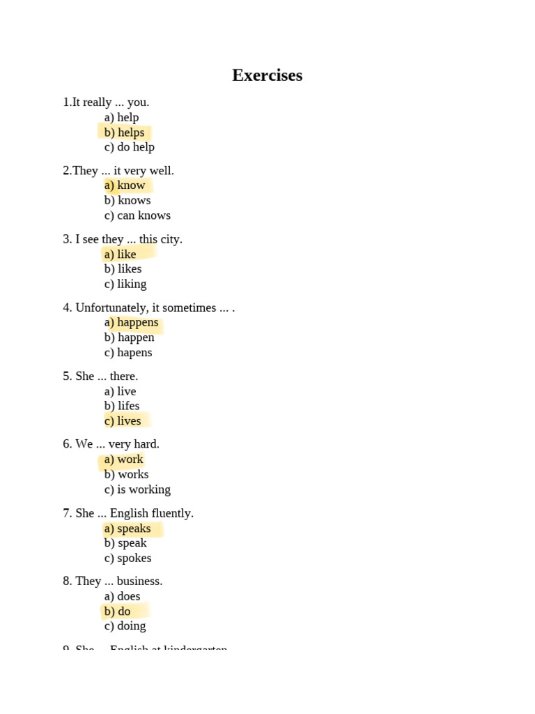English Grammar Exercises With Answers Part 1 | PDF