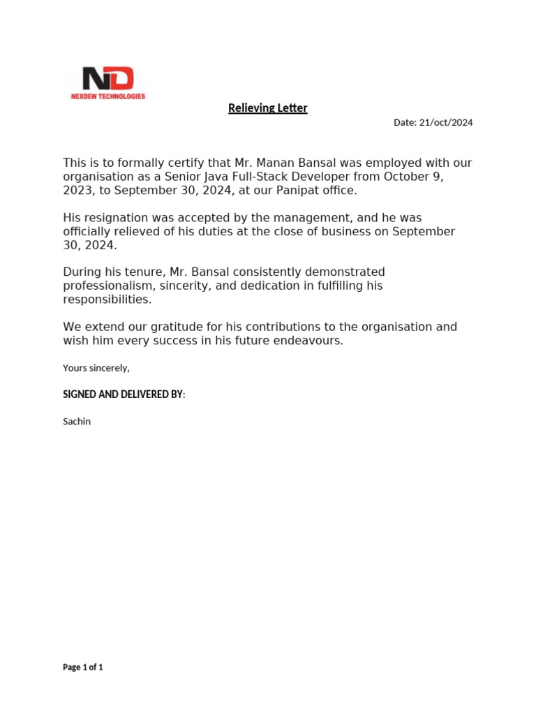 Relieving Letter 2 | PDF