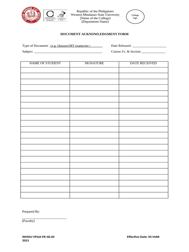 WMSU Document Acknowledgment Form | PDF