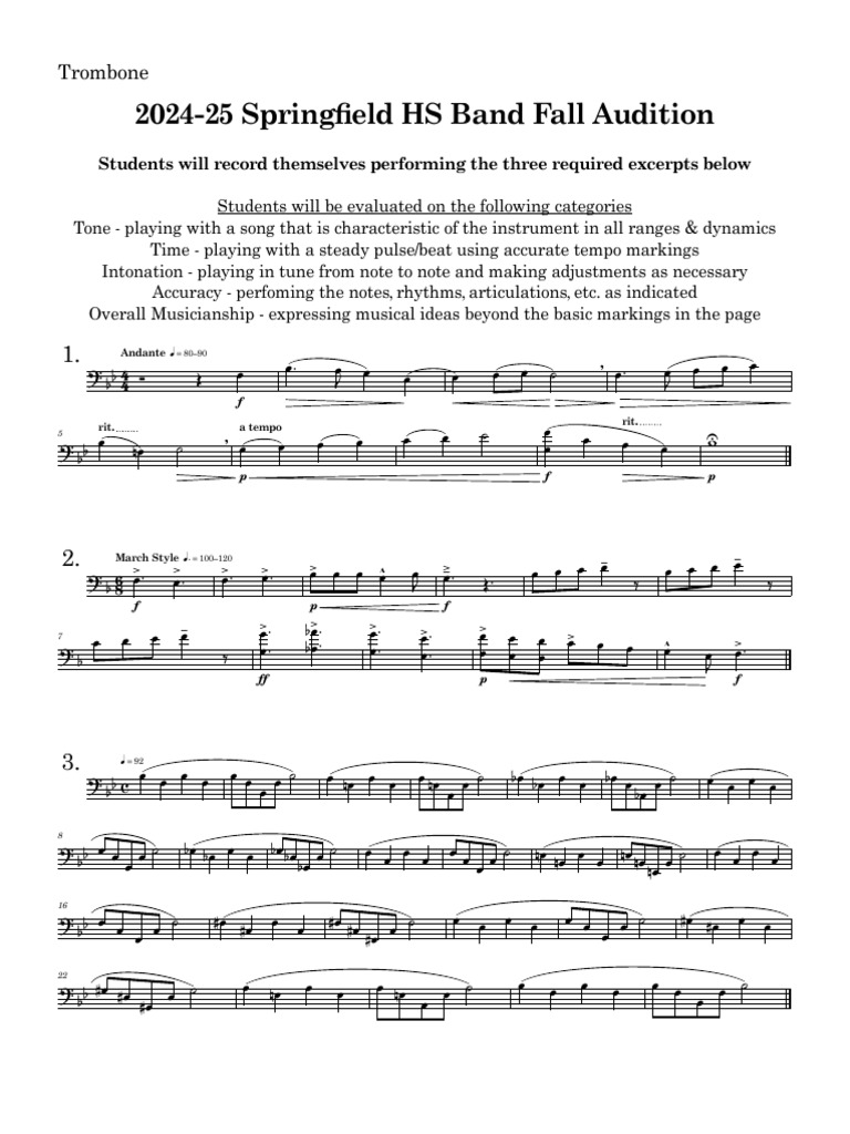 2.3 Trombone—2024-25 Springfield HS Band Fall Audition | PDF | Tempo | Music Theory