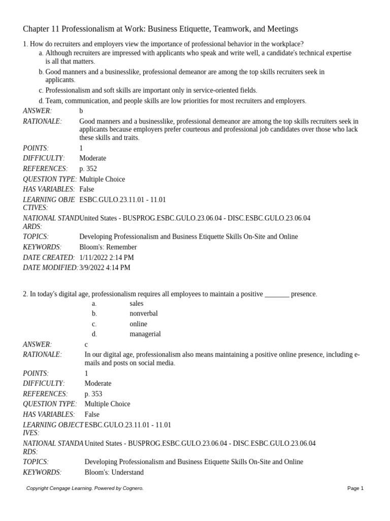 Chapter 11 Professionalism at Work Business Etiquette Teamwork and ...