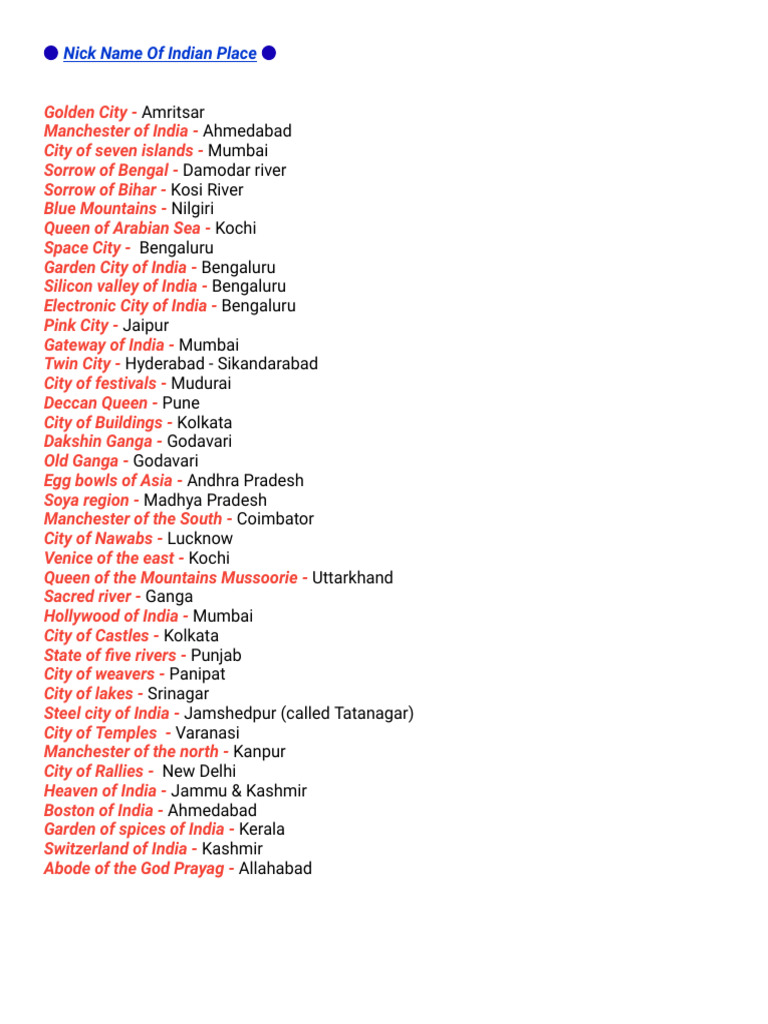 Nick Name of Indian Place | PDF