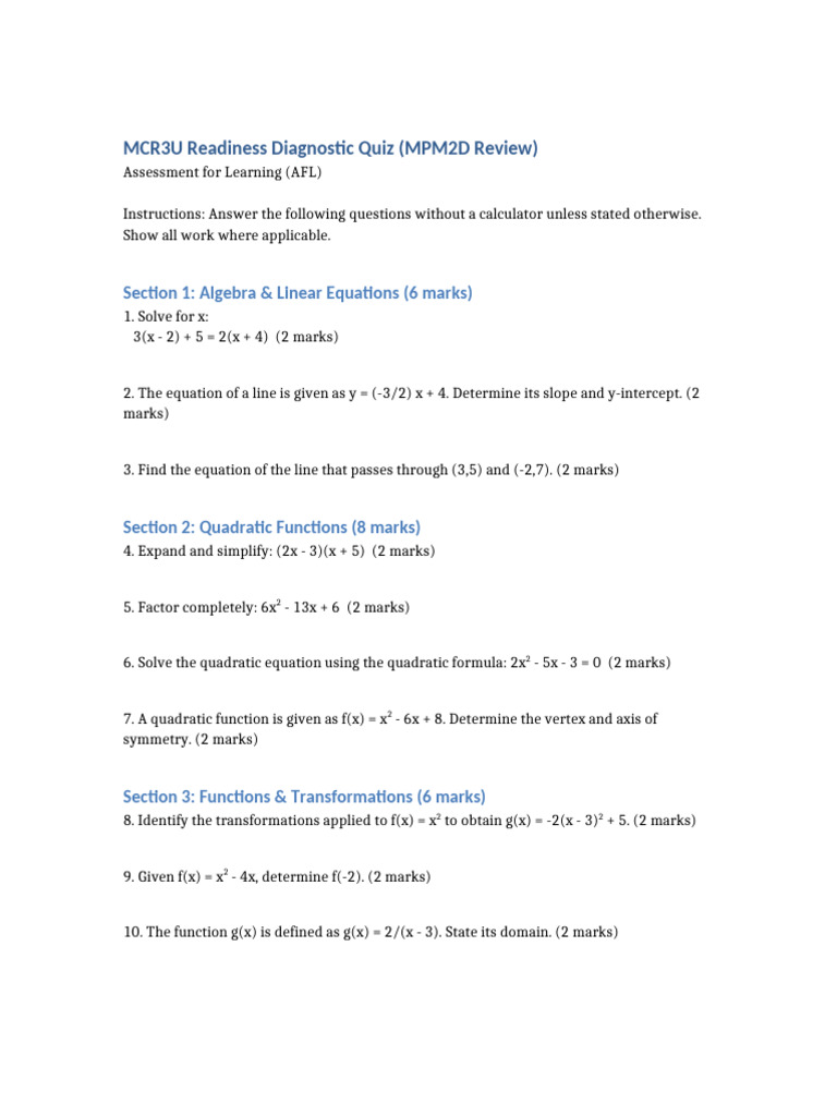 MCR3U_Readiness_Quiz | PDF