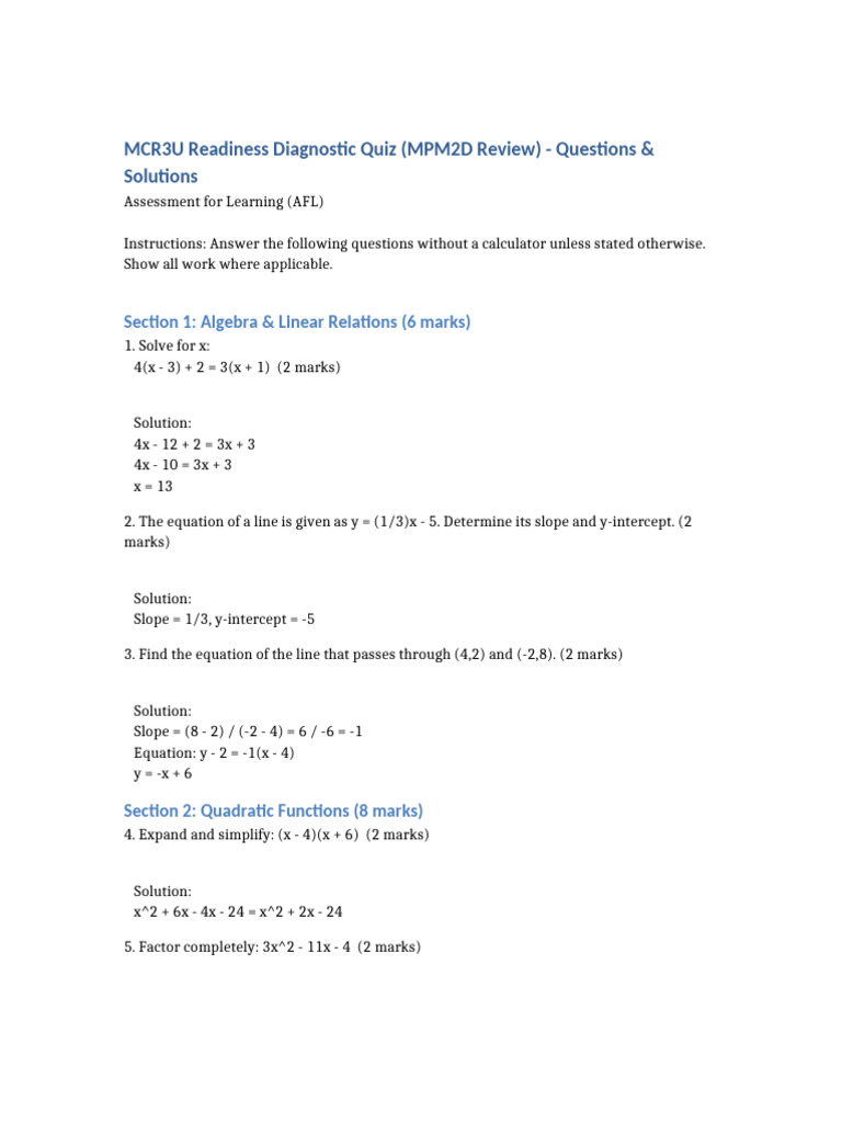 MCR3U Readiness Quiz With Solutions | PDF | Triangle | Quadratic Equation