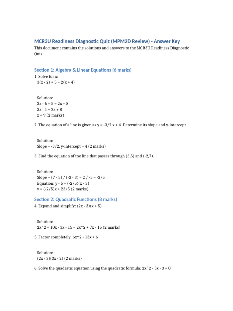 MCR3U_Readiness_Quiz_Answer_Key | PDF | Quadratic Equation | Equations