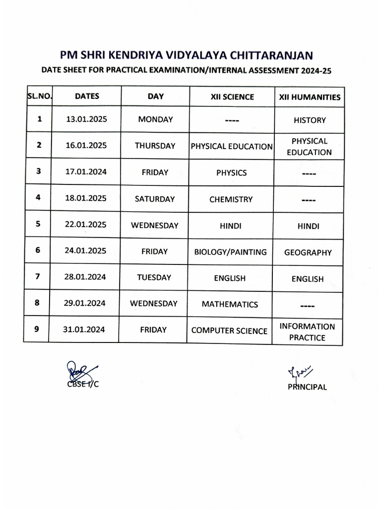 Class XII Practical - Internal Assessment Dates | PDF