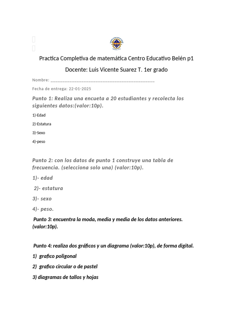 Practica de Matemática Centro Educativo Belén p1 | PDF