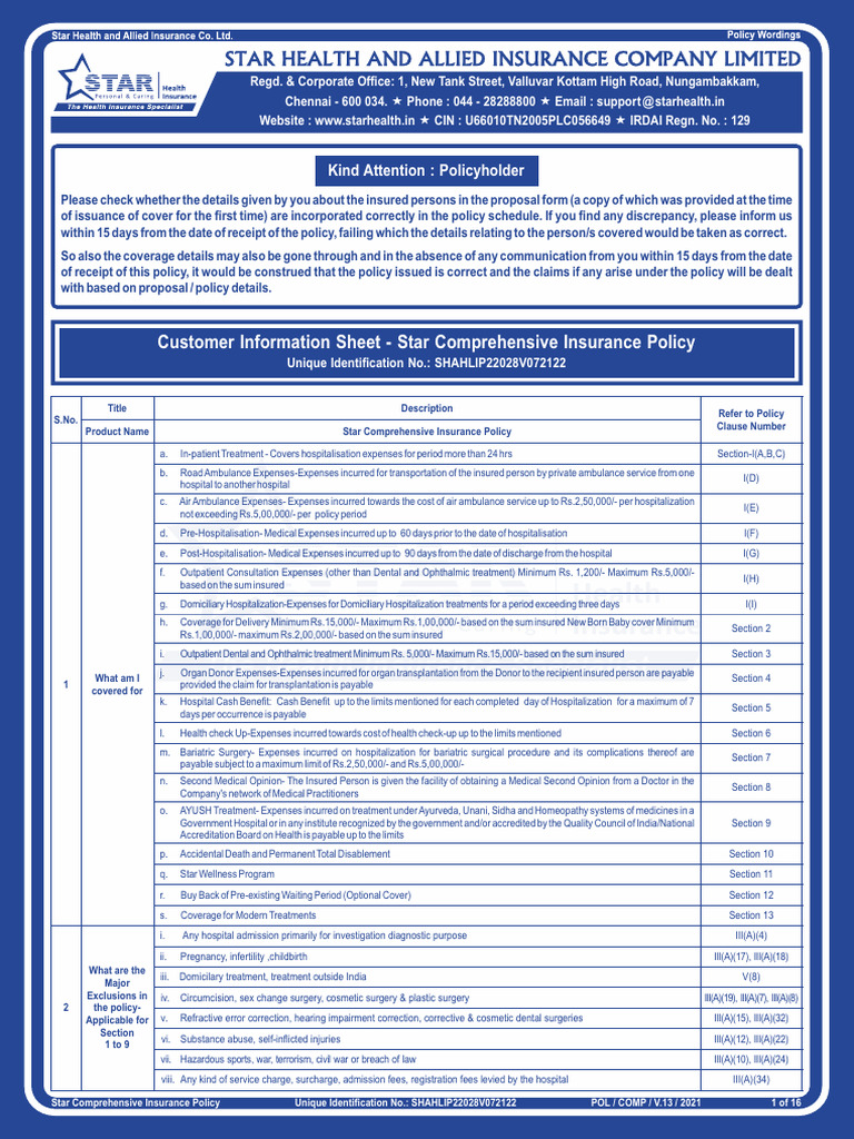 Star Comprehensive Insurance Policy Details | PDF | Hospital | Insurance
