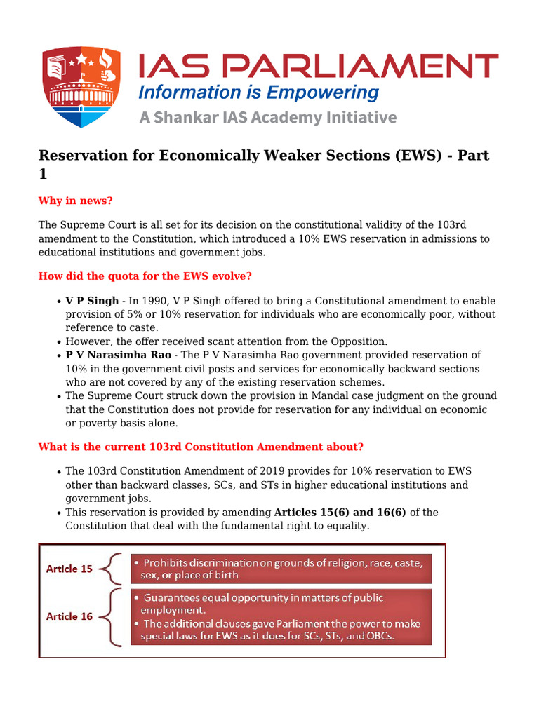 Reservation For Economically Weaker Sections Ews Part 1 | PDF | Government | Justice