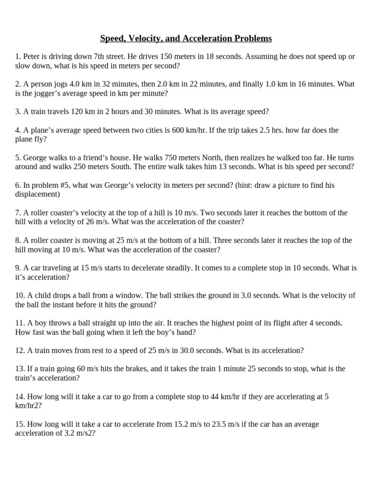 Speed, Velocity, and Acceleration Problems | PDF