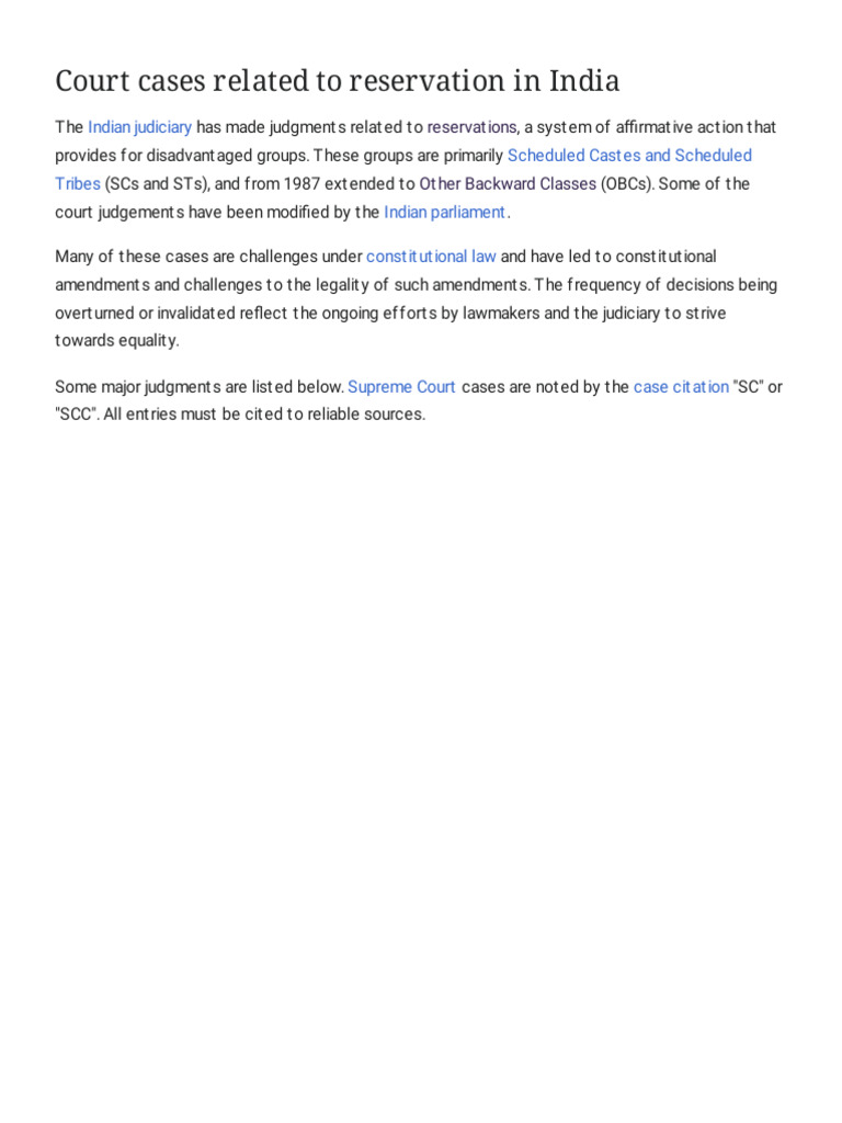 Court Cases on Reservation in India | PDF | Empowerment | Government Of ...