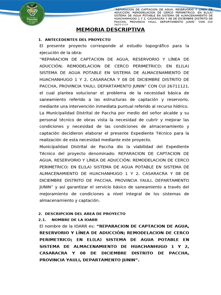Memoria Descriptiva - Paccha | PDF | Lluvia | Agua