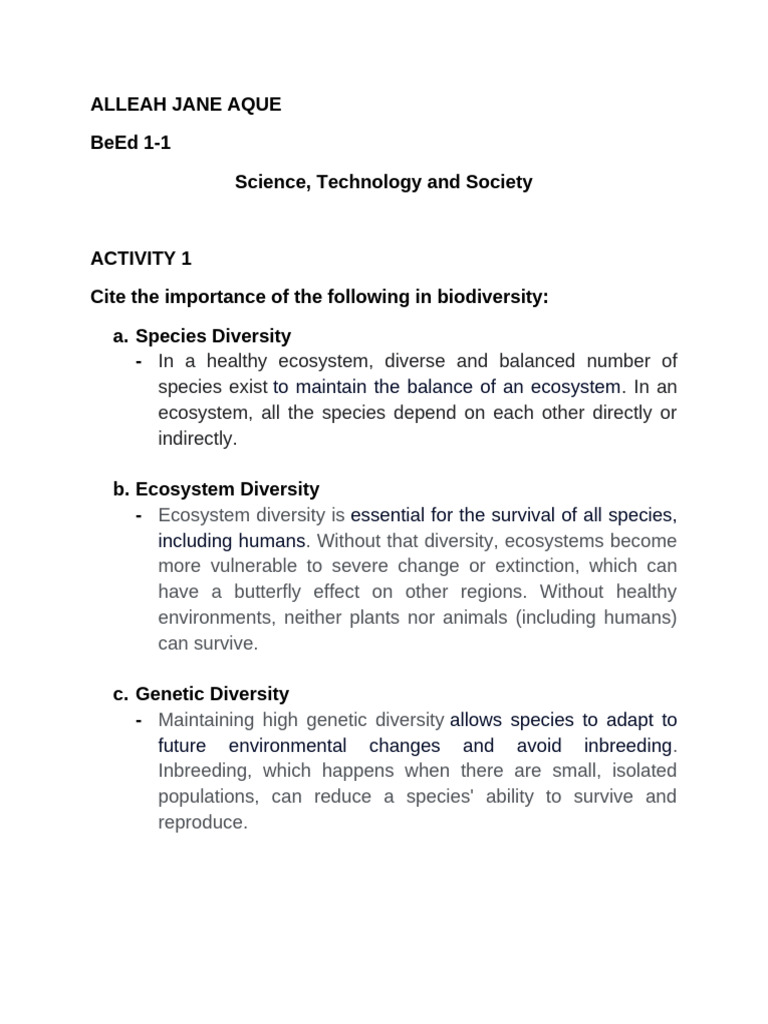 Alleah Jane Aque - Act 1-5 STS | PDF | Biodiversity | Extinction