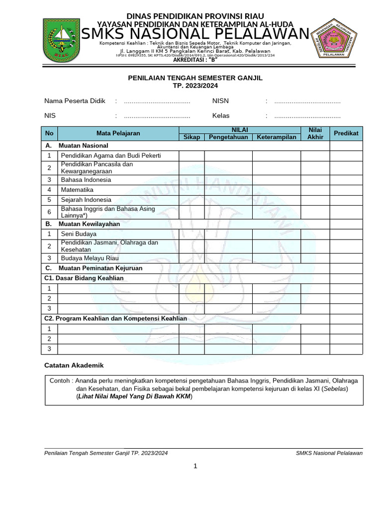 Format Rapor PTS SMKS Nasional 2023 | PDF
