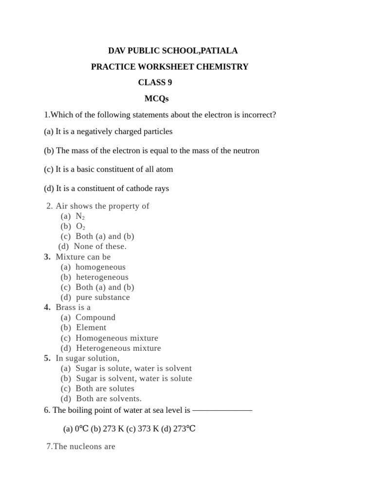 Class 9 Chemistry MCQs Worksheet | PDF | Proton | Neutron
