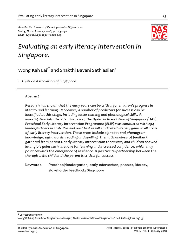 DAS - Evaluating Early Literacy Intervention in Singapore | PDF ...