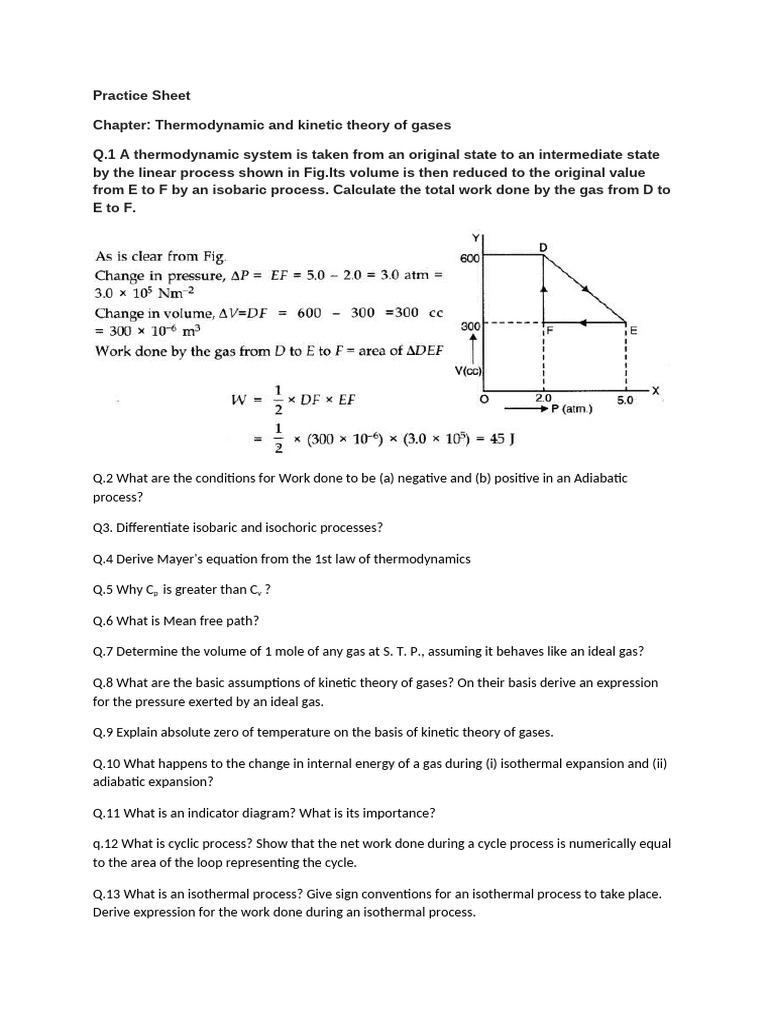 Practice Sheet of Thermodynamic and Kinetic Theory of Gases | PDF