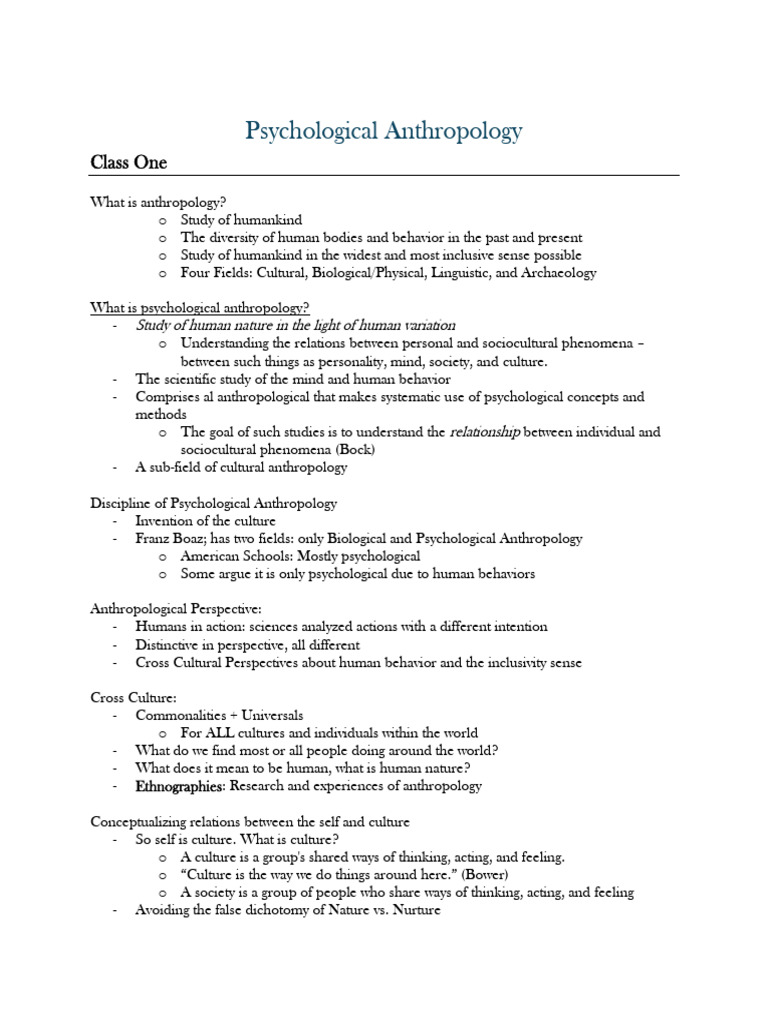 Psychological Anthropology CLASS Notes | PDF | Anthropology | Psychology