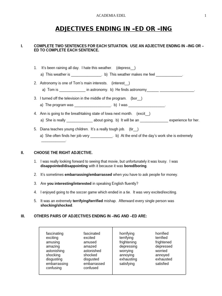 Adjectives Ending - Ing - Ed | PDF