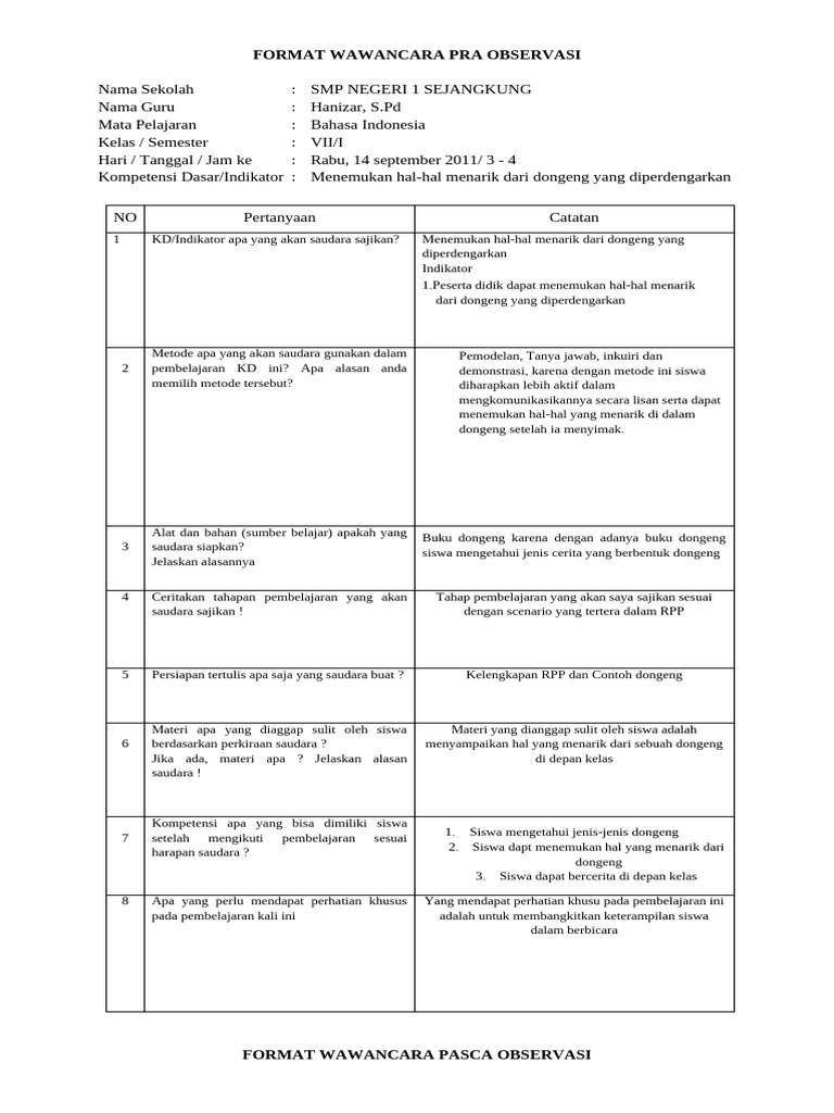 Format Wawancara Pra Observasi | PDF