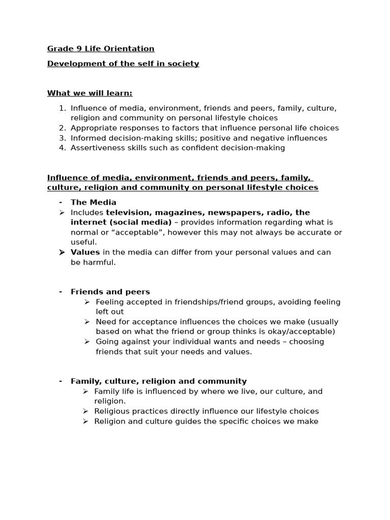 Grade 9 Life Orientation Personal Lifestyle Choices | PDF