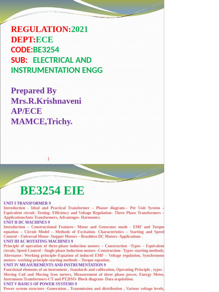 BE3254 EIE U - 1 Notes | PDF | Transformer | Electric Motor