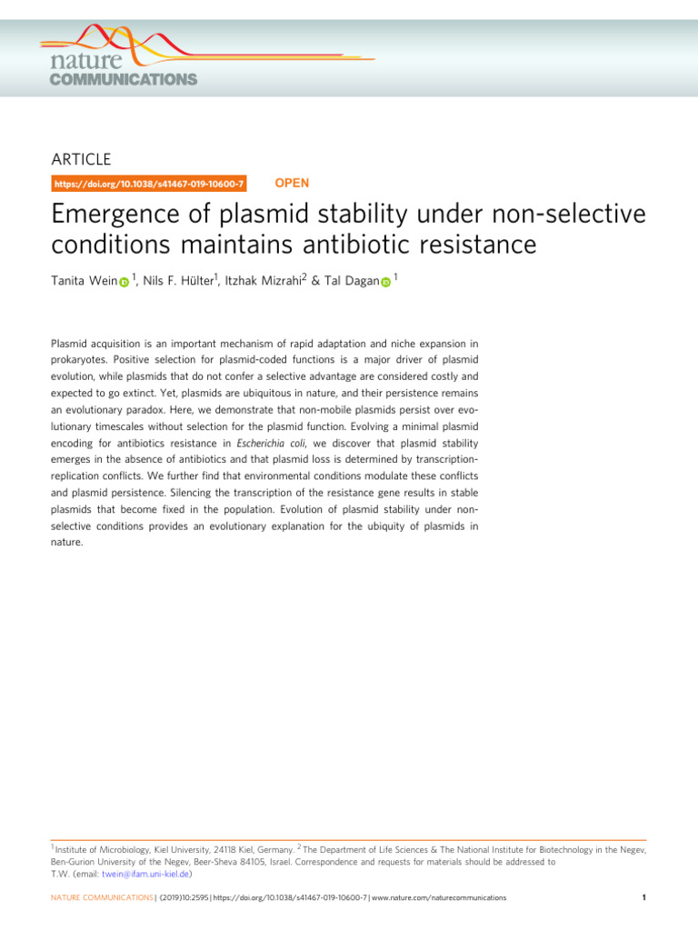 Emergence of Plasmid Stability Under Non-Selective Conditions Maintains ...