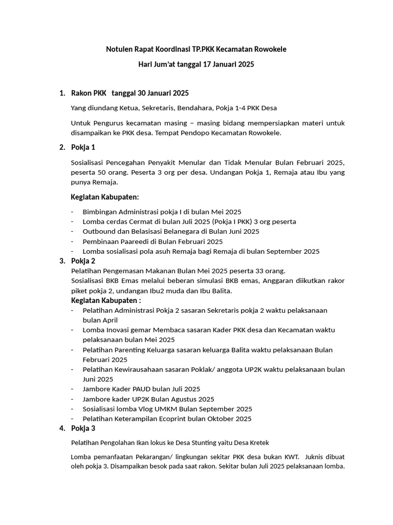 Notulen Rapat Koordinasi PKK Kec. | PDF