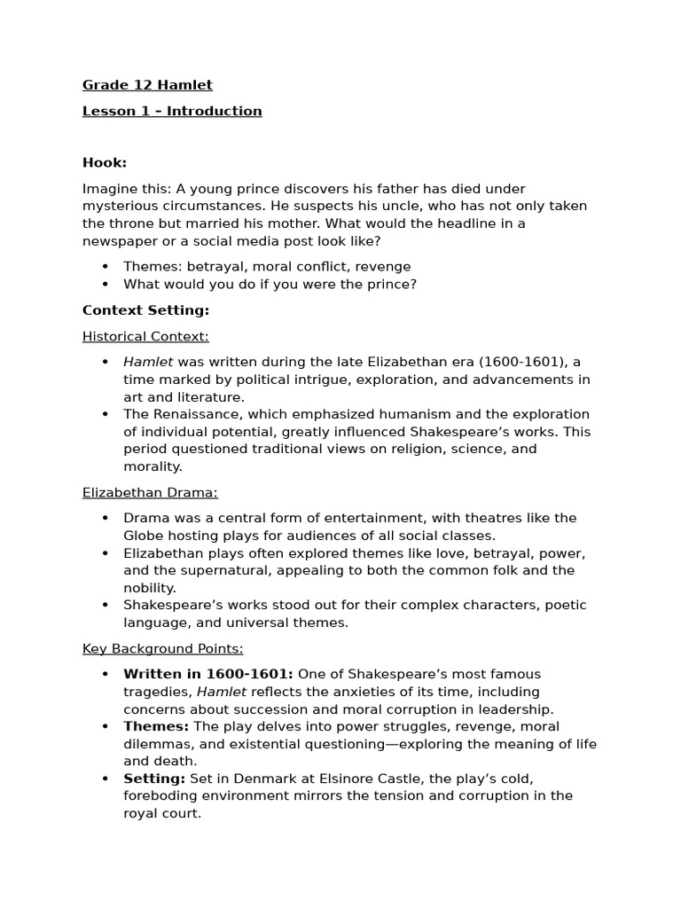 Grade 12 Hamlet Lesson Outline | PDF