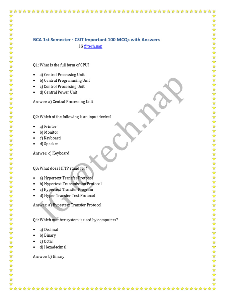 PDF BCA 1st Sem Csit 100 MCQs | PDF | Operating System | Osi Model