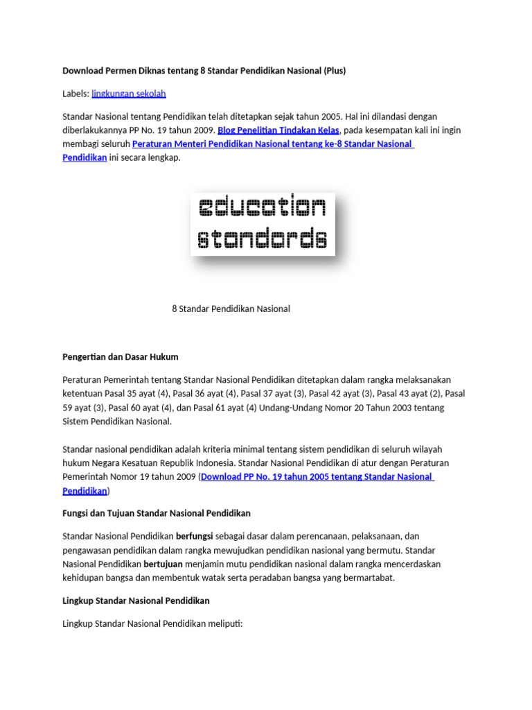 Permen Diknas Tentang 8 Standar Pendidikan Nasional | PDF