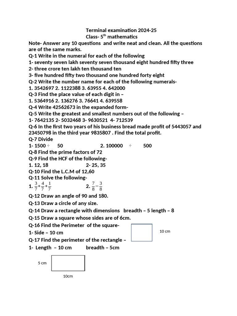 Class 5 Math Terminal Exam 2024-25 | PDF