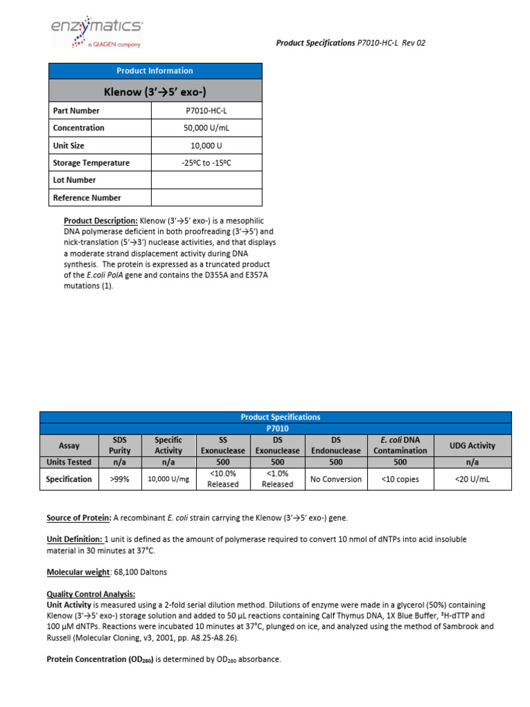 Klenow (3'→5' exo-) Product Specs | PDF | Life Sciences | Molecular ...