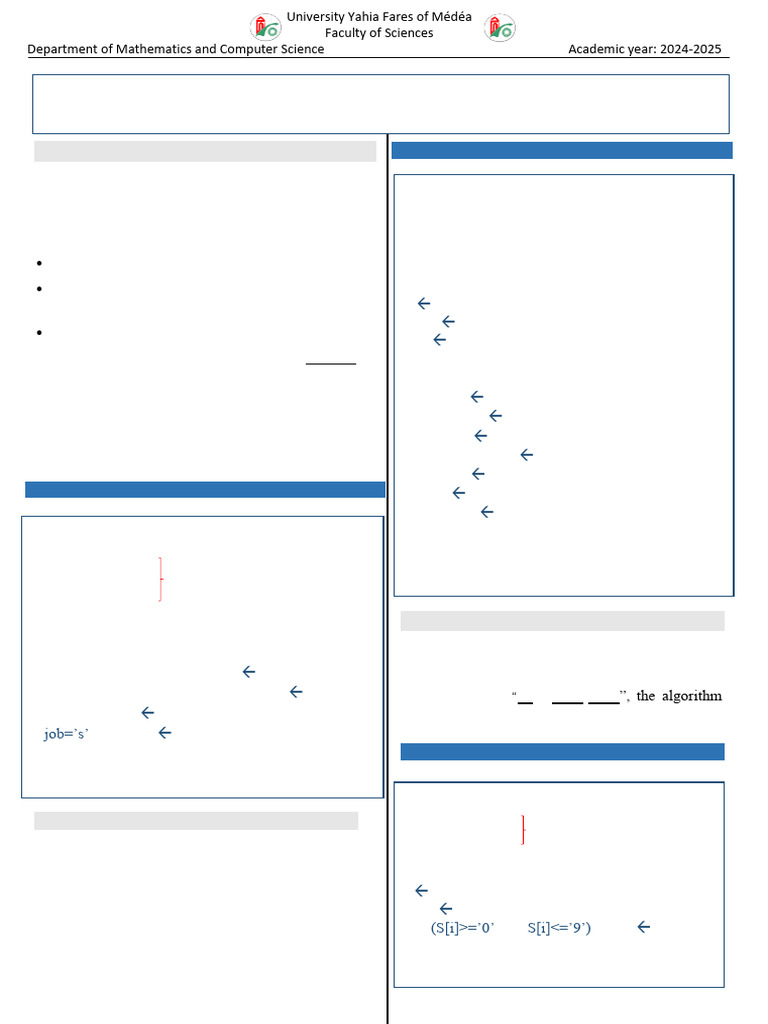 EFS1 Algorithmique 2024 2025 Exam Correction | PDF | Algorithms | Mathematics